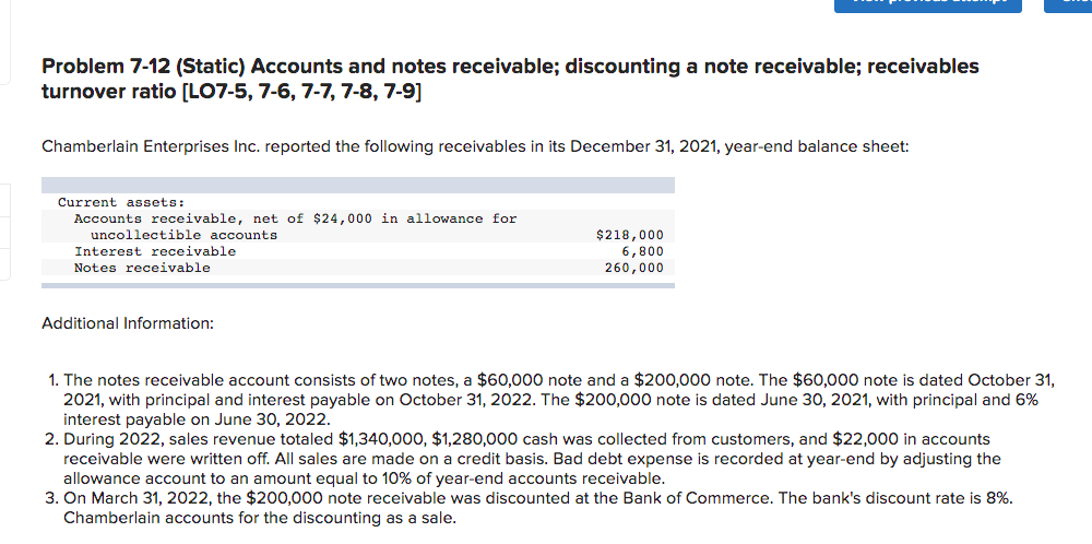Solved Problem 7-12 (Static) Accounts and notes receivable; | Chegg.com