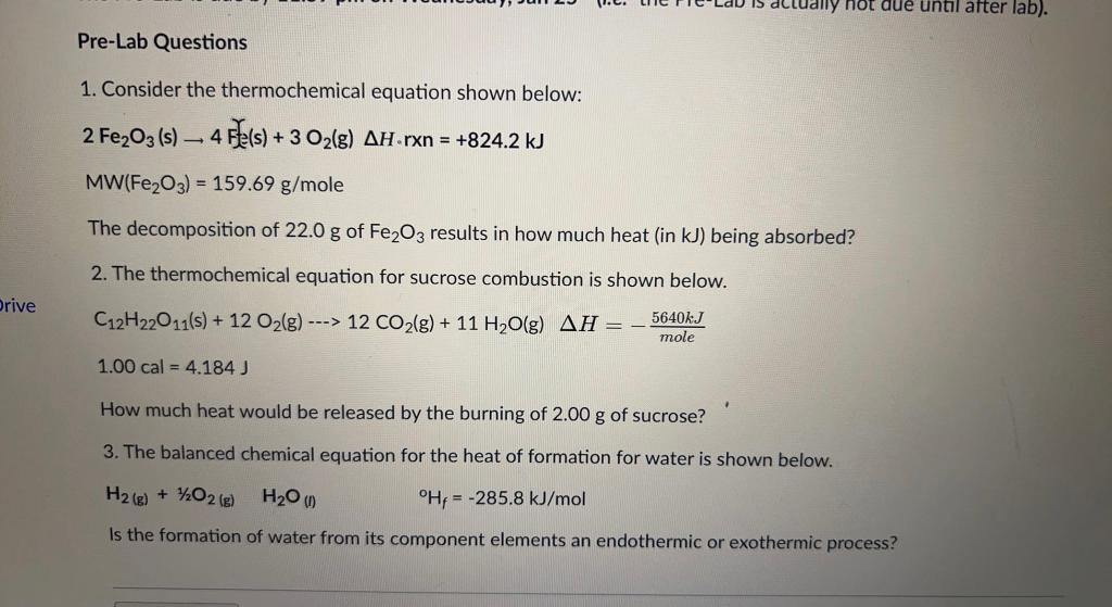 Solved Pre-Lab Questions 1. Consider the thermochemical | Chegg.com