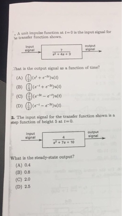 Solved . A unit impulse function at t=0 is the input signal | Chegg.com