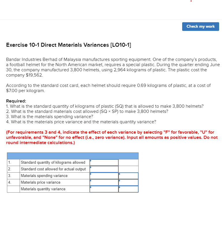 Solved Check my work Exercise 10-1 Direct Materials | Chegg.com