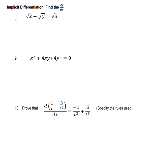 Solved dx Implicit Differentiation: Find the dy Væ+ = vā 8. | Chegg.com