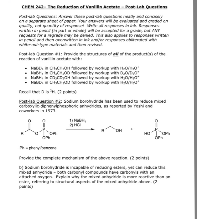 Solved CHEM 242- The Reduction of Vanillin Acetate Post-Lab | Chegg.com