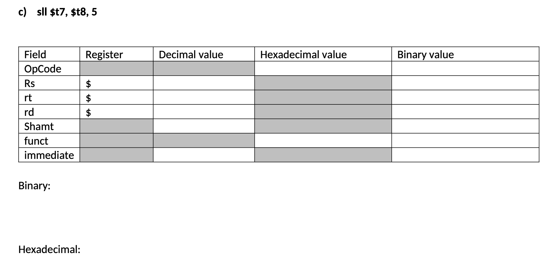 Solved c) sll $t7,$t8,5 Binary: Hexadecimal: | Chegg.com Solved c) sll $t7,$t8,5 Binary: Hexadecimal: | Chegg.com