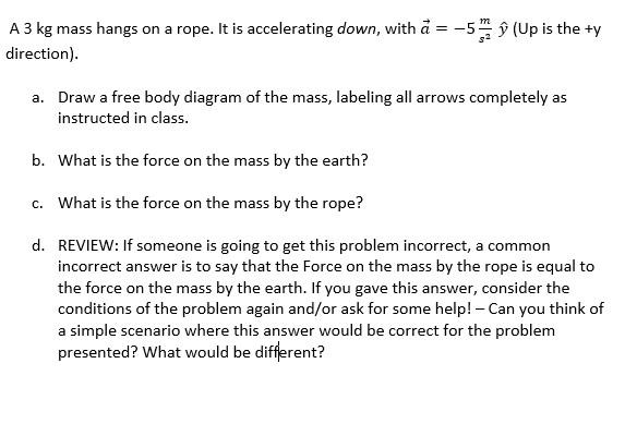 Solved A 3 kg mass hangs on a rope. It is accelerating down, | Chegg.com