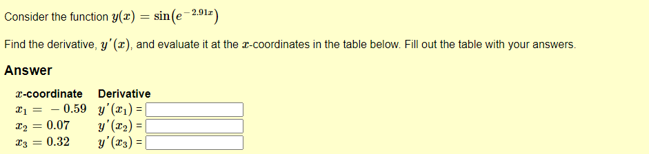 Solved Consider the function y(x)=sin(e−2.91x) Find the | Chegg.com