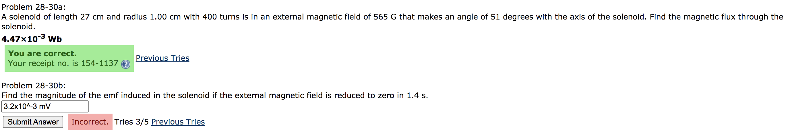 Solved Problem 28-30a: A solenoid of length 27 cm and radius | Chegg.com