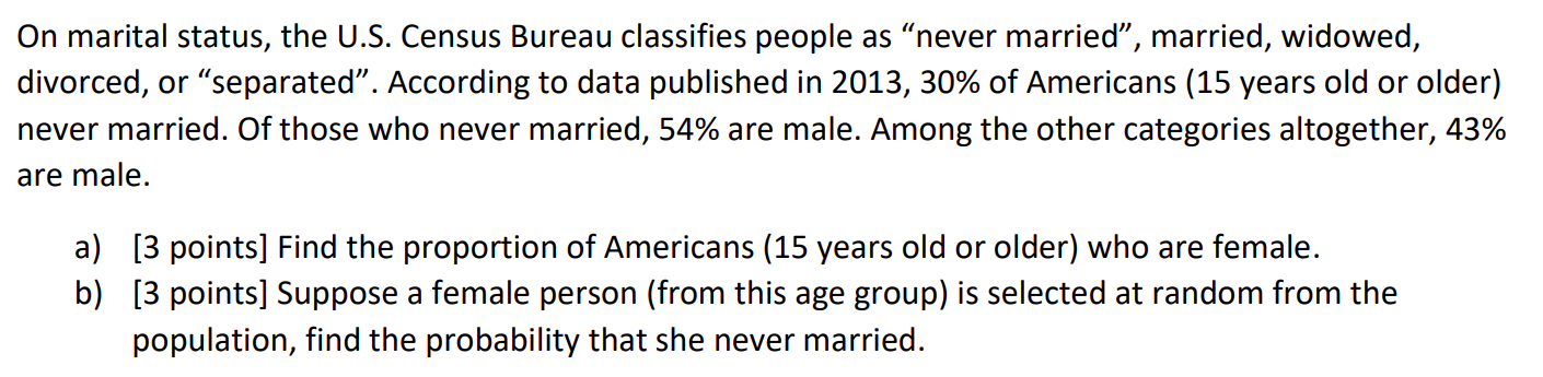 Solved On marital status, the U.S. Census Bureau classifies | Chegg.com