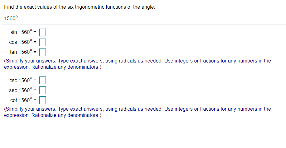 Solved Find the exact values of the six trigonometric | Chegg.com