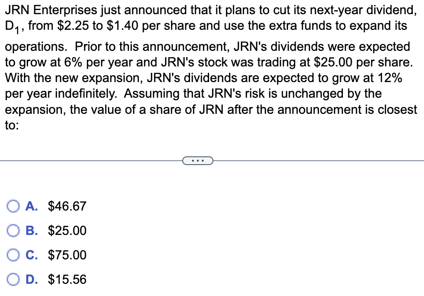 Solved JRN Enterprises just announced that it plans to cut | Chegg.com