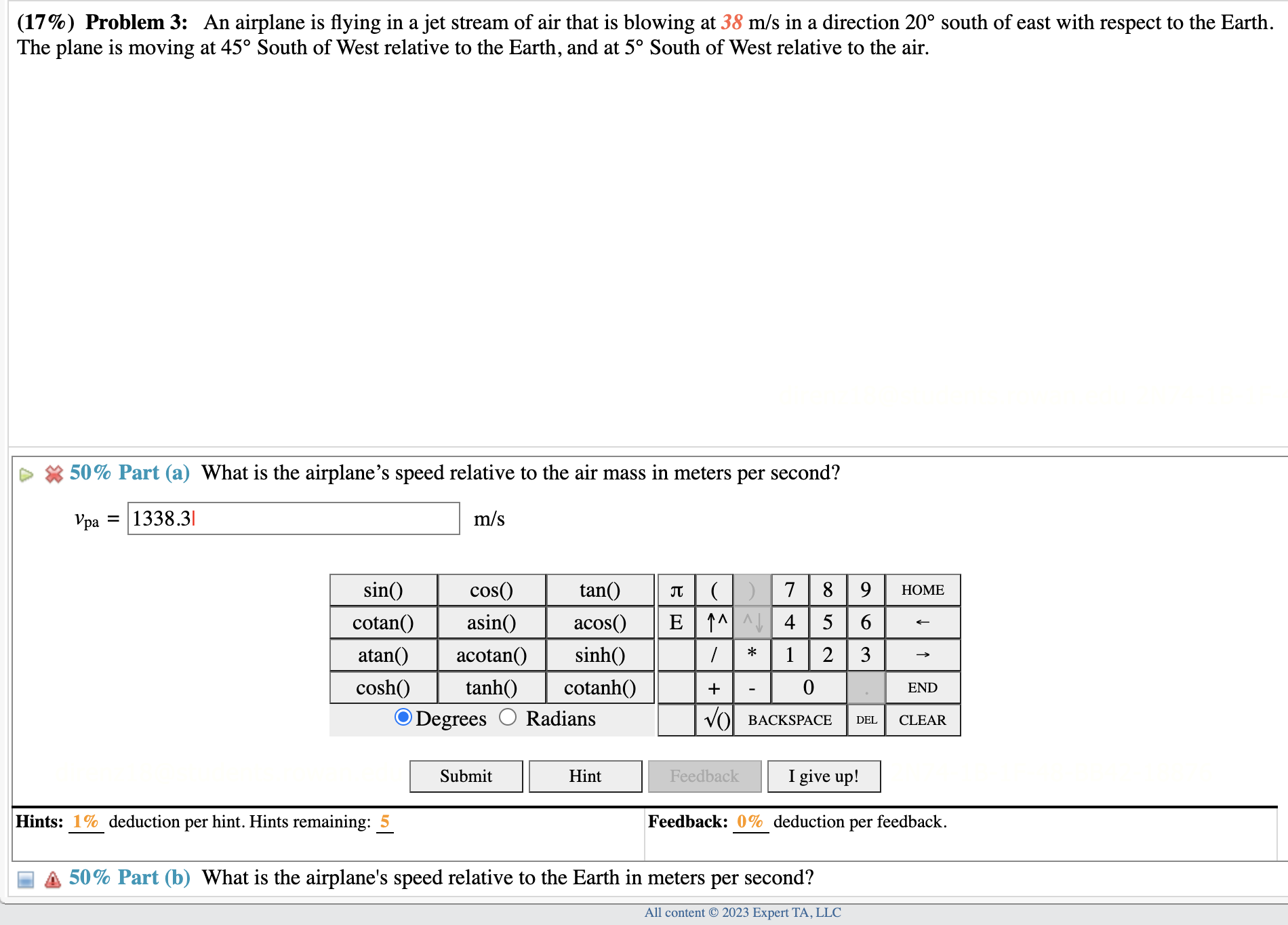 (17\%) Problem 3: An airplane is flying in a jet | Chegg.com