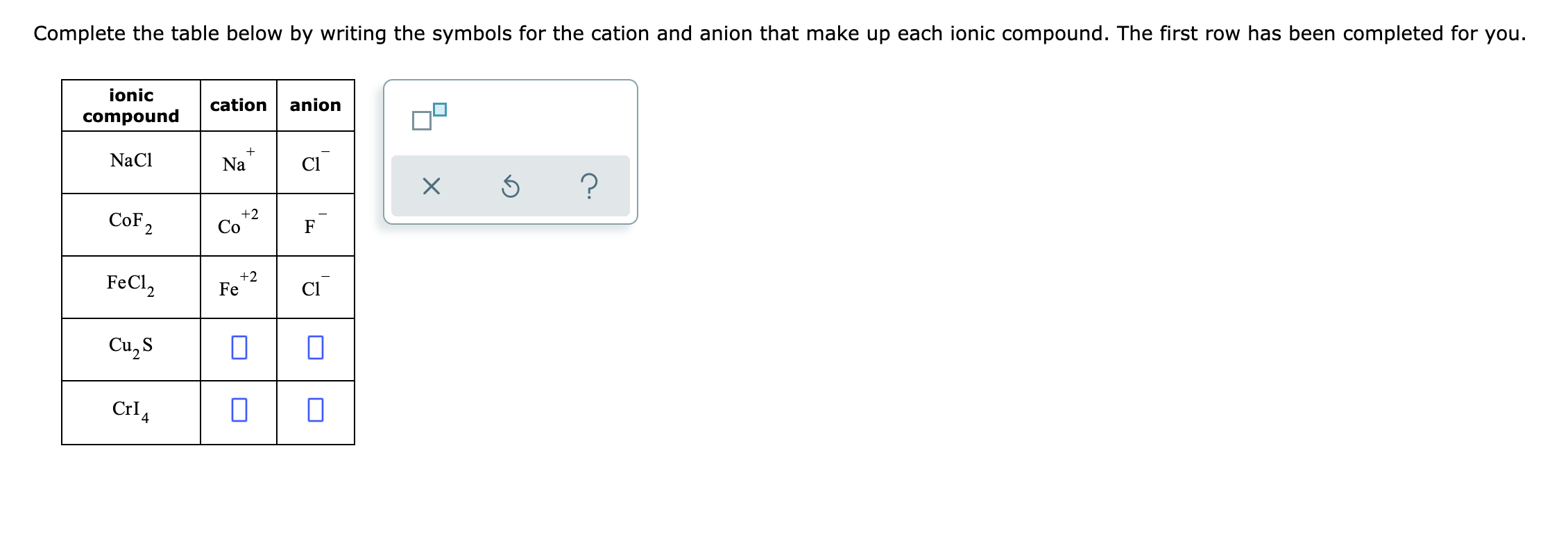 Solved Complete the table below by writing the symbols for | Chegg.com