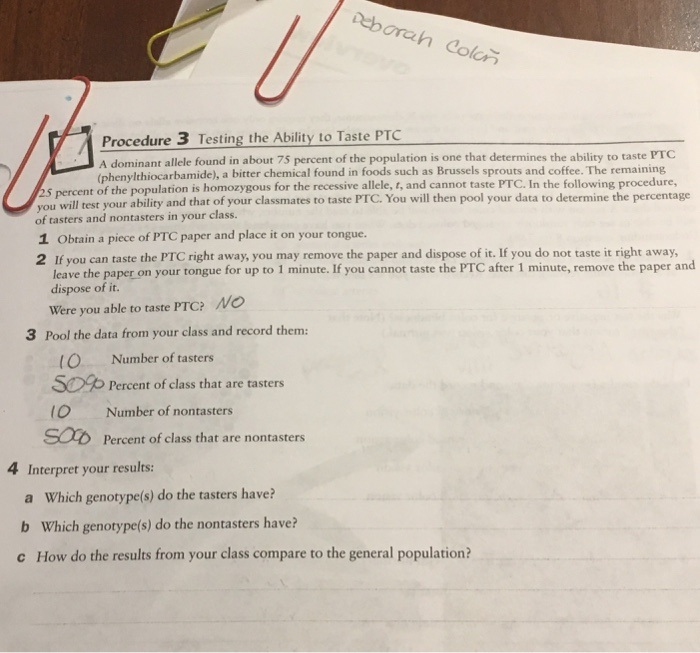 Solved Procedure 3 Testing the Ability to Taste PTC A | Chegg.com