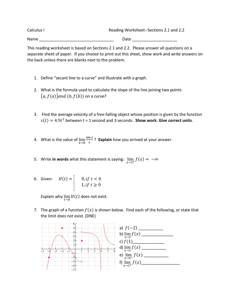 Solved Calculus I Reading Worksheet--Sections 2.1 and 2.2 | Chegg.com