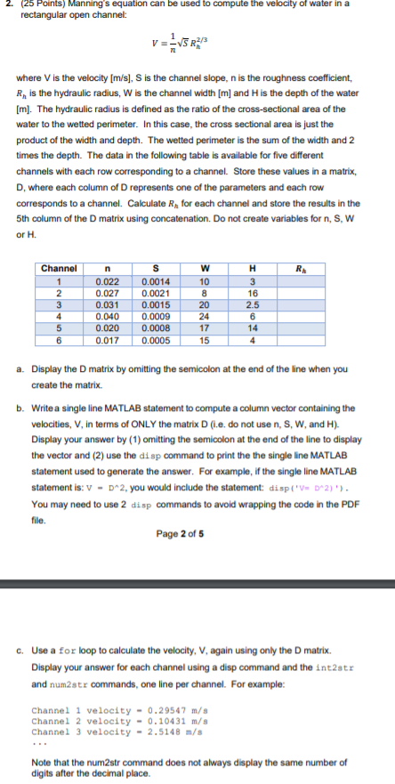 Solved 2. (25 Points) Manning's equation can be used to | Chegg.com