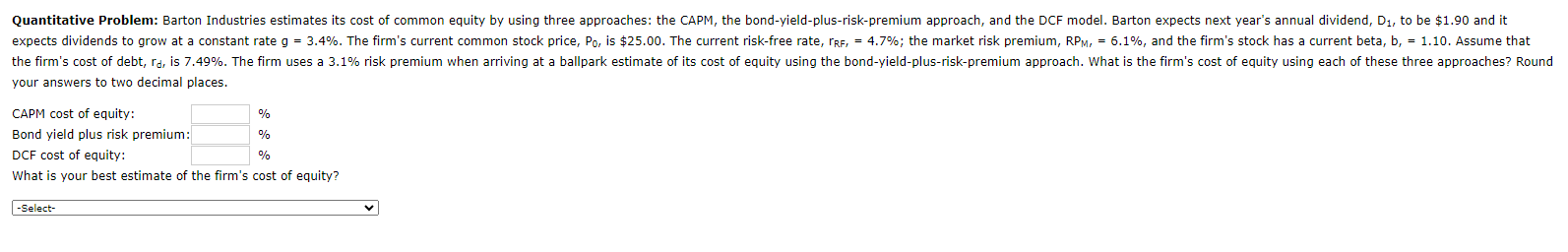 Solved your answers to two decimal places.\table[[CAPM cost | Chegg.com