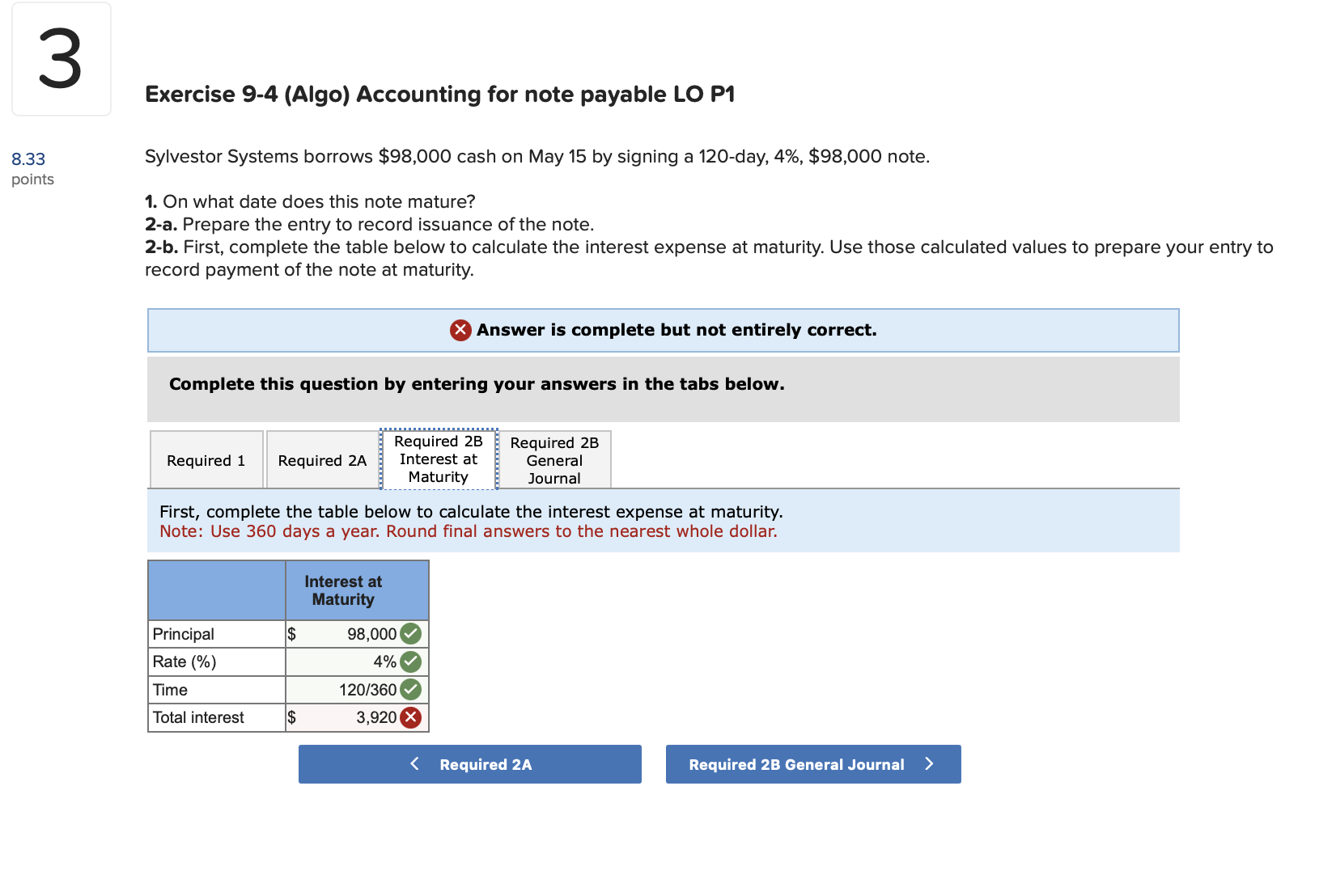 Exercise 9-4 (Algo) Accounting for note payable LO P1 | Chegg.com