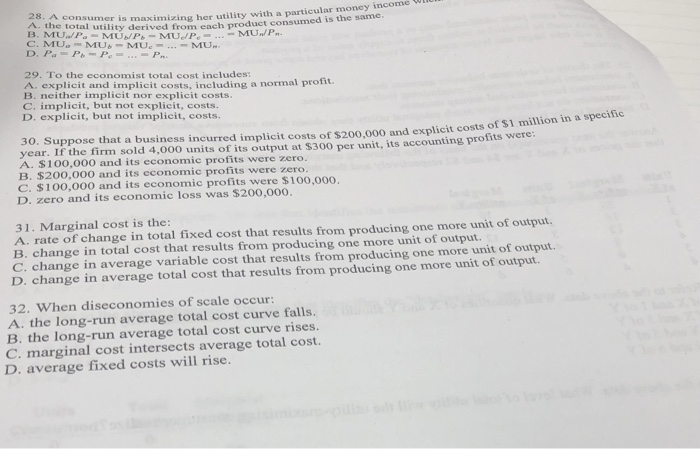 Solved 28. A consumer the total is maximizing her utility | Chegg.com