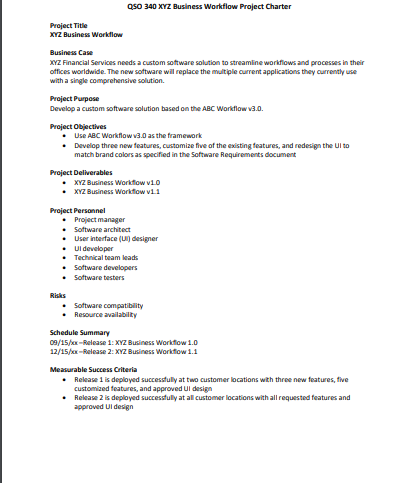 Solved QSO 340 XYZ Business Workflow Project Charter Project | Chegg.com