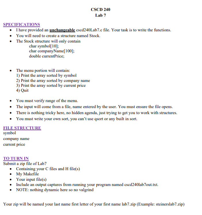 Solved CSCD 240 Lab 7 SPECIFICATIONS • I have provided an | Chegg.com