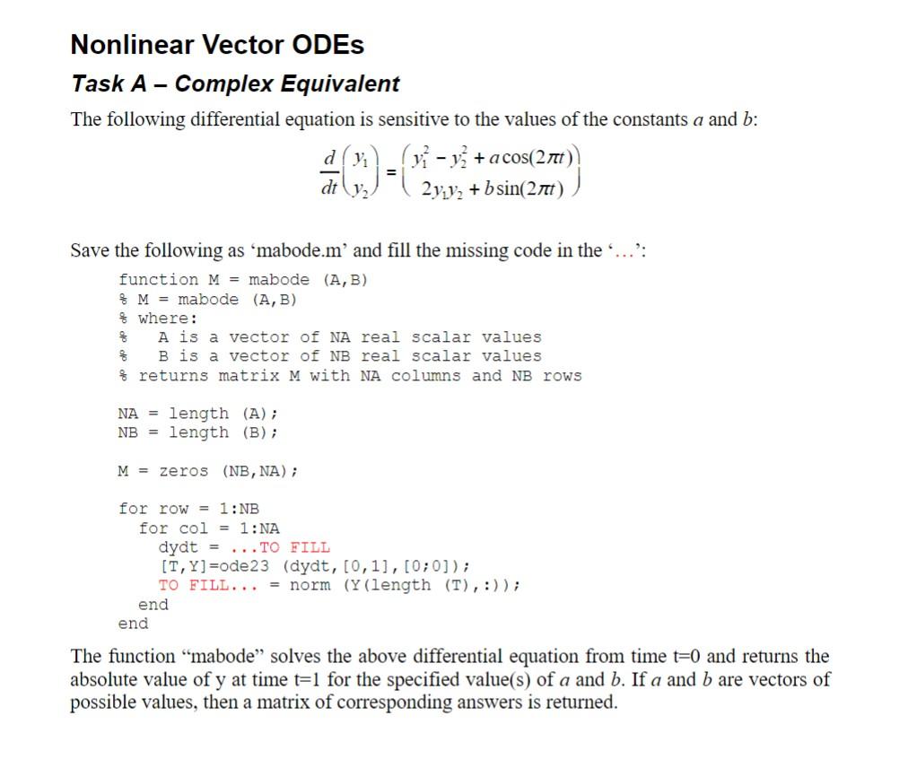 Solved - Nonlinear Vector ODES Task A - Complex Equivalent | Chegg.com