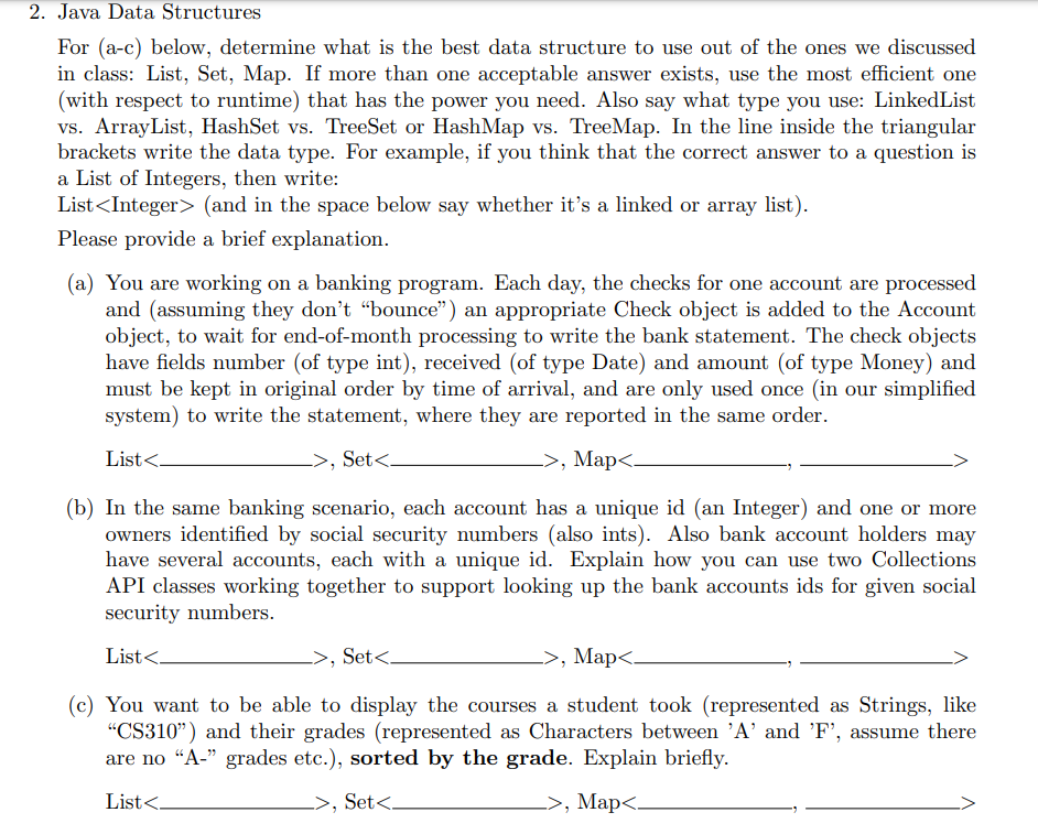 Solved 2. Java Data Structures For (a-c) below, determine | Chegg.com