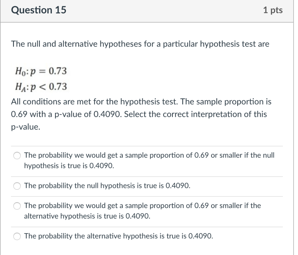 Solved Question 15 1 pts The null and alternative hypotheses | Chegg.com