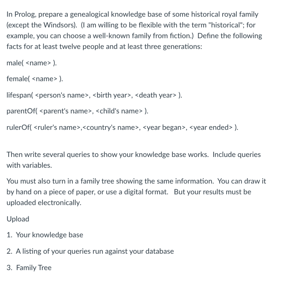 Solved In Prolog, prepare a genealogical knowledge base of | Chegg.com
