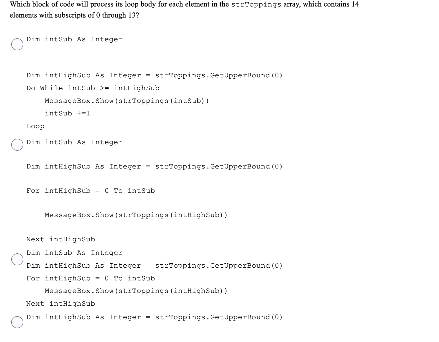 Solved lements with subscripts of 0 through 13 ? Dim intSub | Chegg.com
