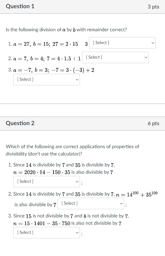 Solved Question 1 3 pts Is the following division of a by b | Chegg.com