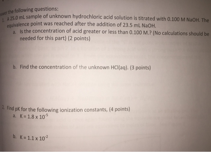 Solved A25.0 mL sample of unknown hydrochloric acid solution | Chegg.com