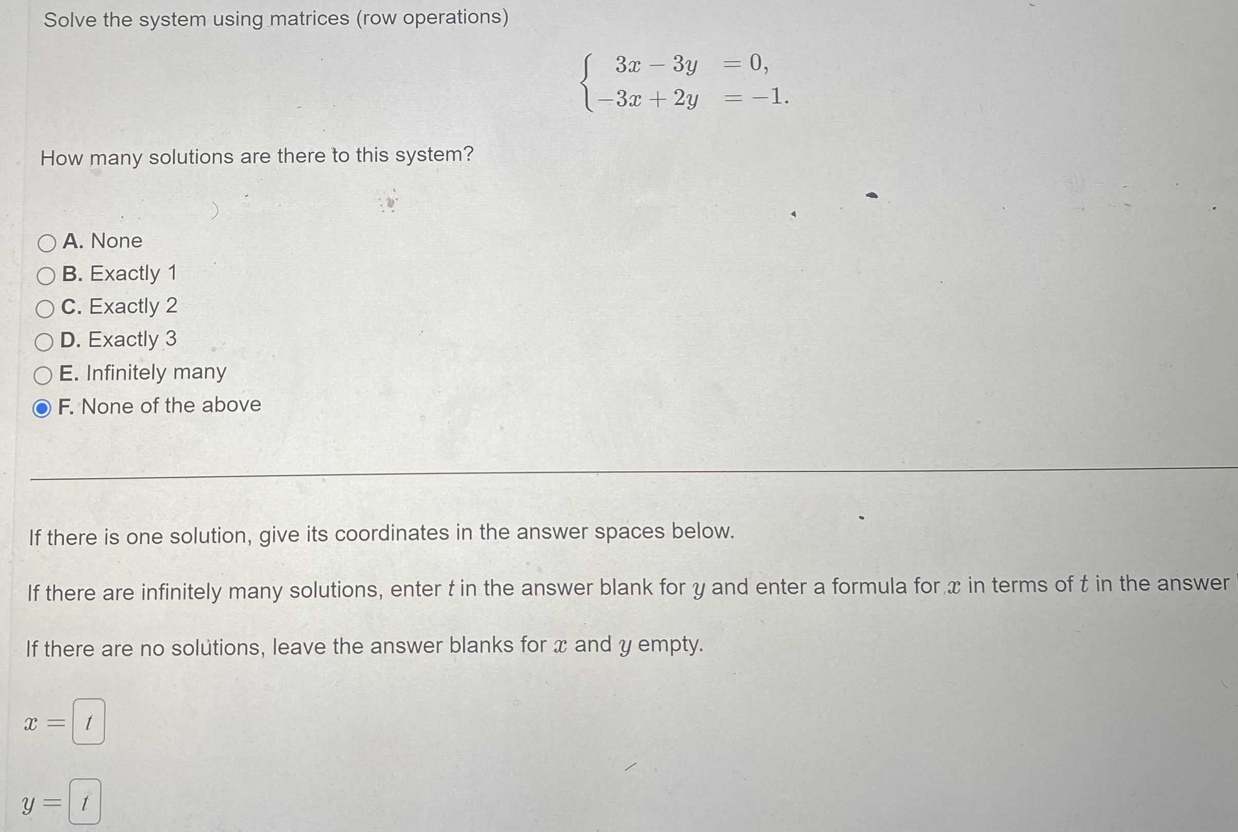 Solved Solve the system using matrices (row operations) \\[ | Chegg.com