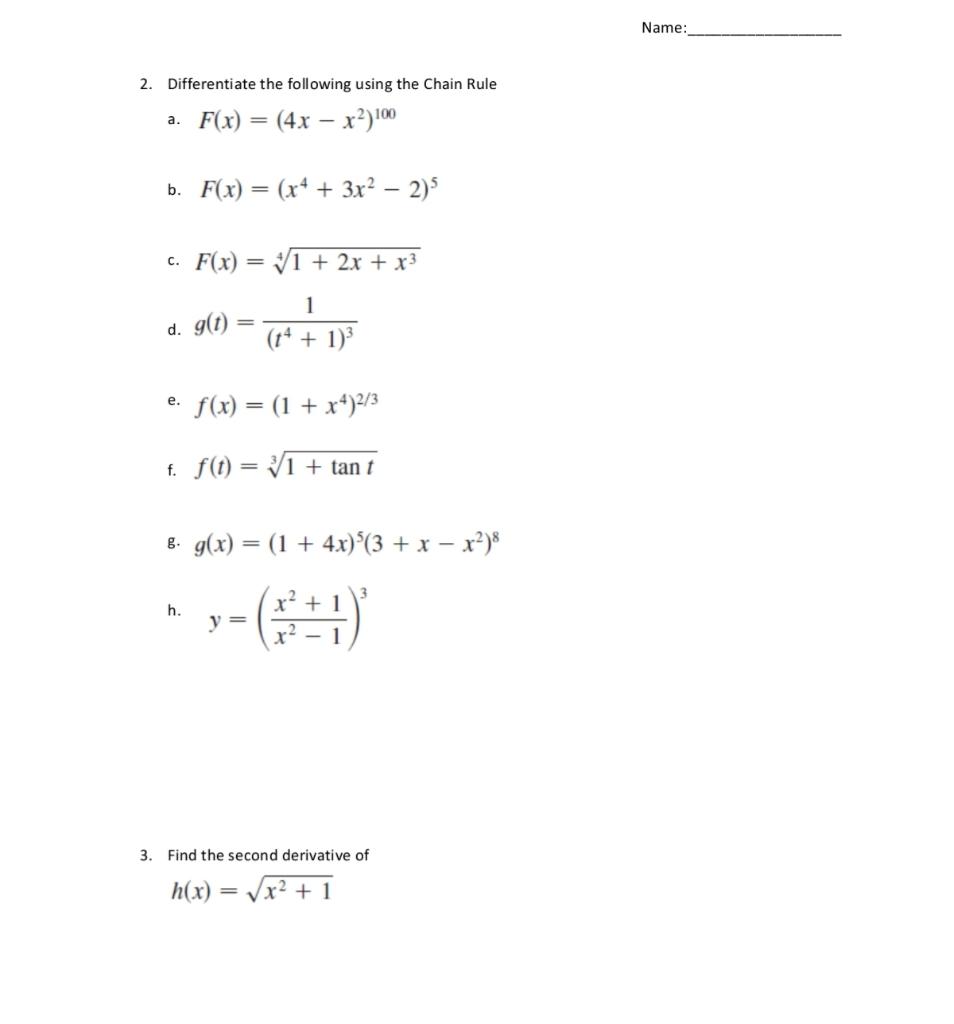 Solved Name: 2. Differentiate the following using the Chain | Chegg.com