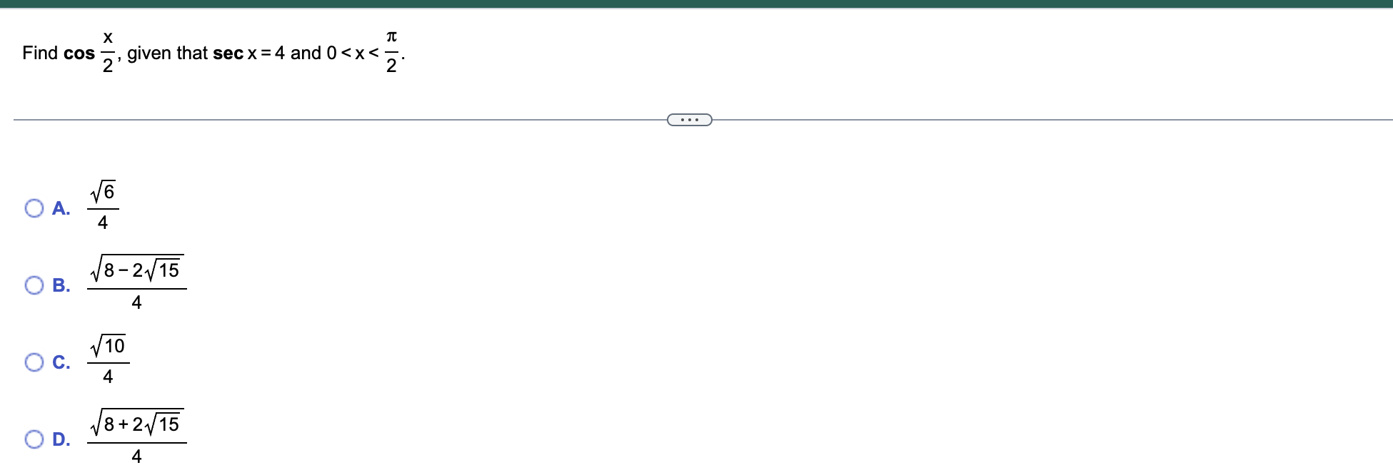 Solved х Find cos given that sec x = 4 and 0 | Chegg.com