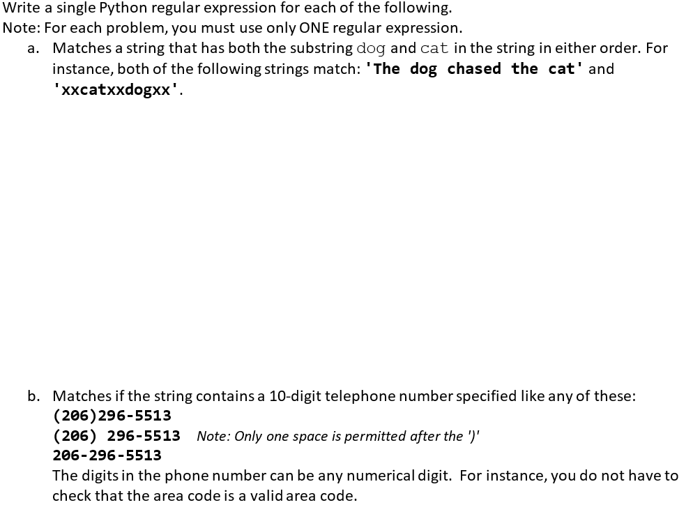 Solved Write a single Python regular expression for each of | Chegg.com
