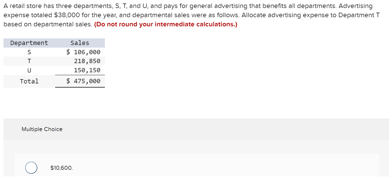 Solved A retail store has three departments, S,T, ﻿and U, | Chegg.com