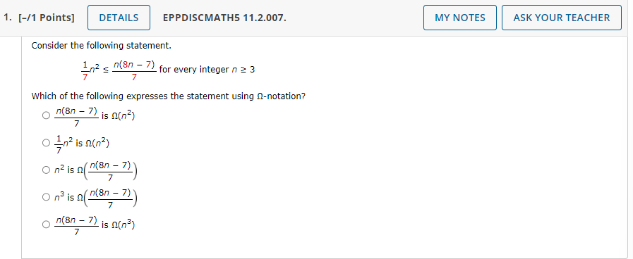 Solved Consider the following statement. 71n2≤7n(8n−7) for | Chegg.com
