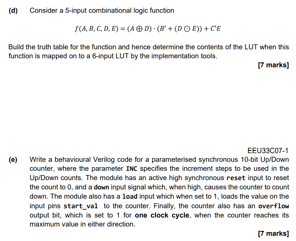 Solved (d) Consider a 5-input combinational logic function | Chegg.com
