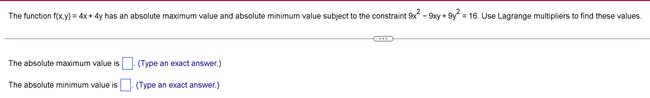 Solved The function f(x,y)=4x+4y has an absolute maximum | Chegg.com