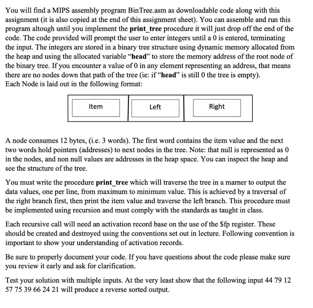 Solved You will find a MIPS assembly program BinTree.asm as | Chegg.com