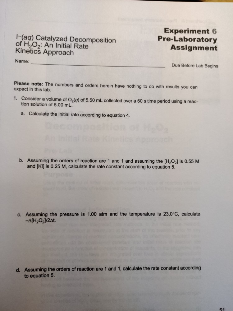 Solved 1-(aq) Catalyzed Decomposition of H2O2: An Initial | Chegg.com