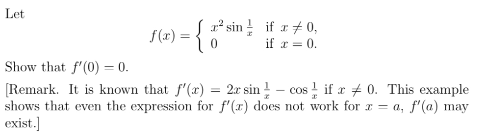 Solved Let f(x)={x2sinx10 if x =0 if x=0 Show that f′(0)=0. | Chegg.com