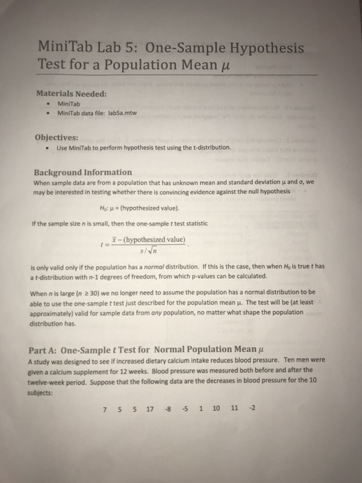 Solved MiniTab Lab 5: One-Sample Hypothesis Test for a | Chegg.com