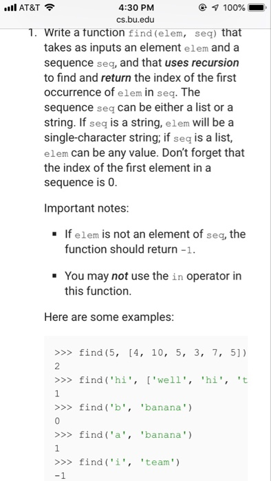 Solved IAT&T 4:30 PM cs.buedu 1. Write a tunction find(elem, | Chegg.com