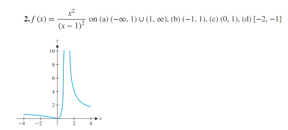 Solved 2. f(x)=(x−1)2x2 on (a) (−∞,1)∪(1,∞), (b) (−1,1), (c) | Chegg.com