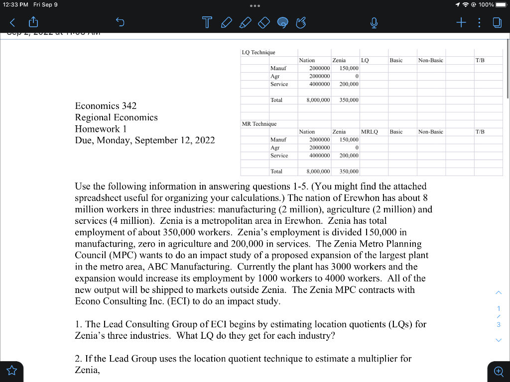 Solved Economics 342 Regional Economics Homework 1 Due, | Chegg.com