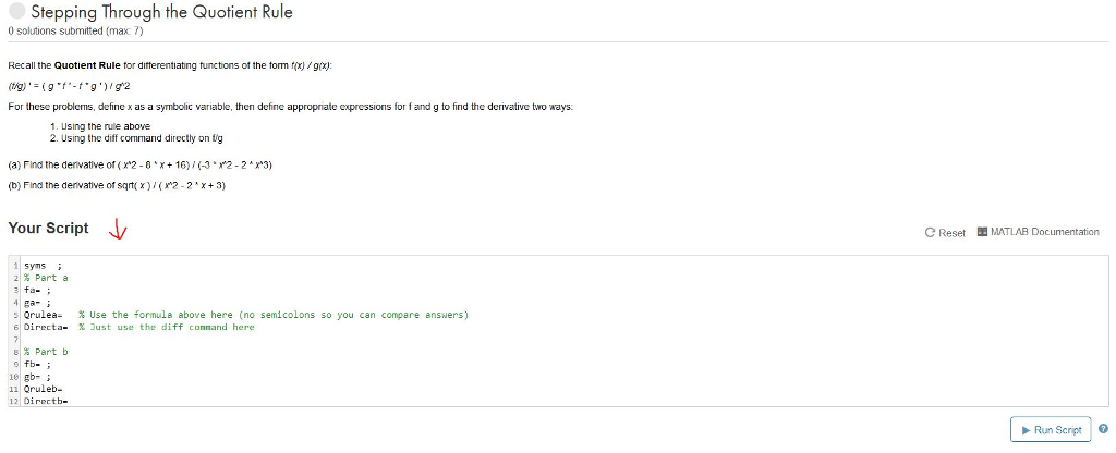 Solved MATLAB: Stepping Through the Quotient Rule Please | Chegg.com