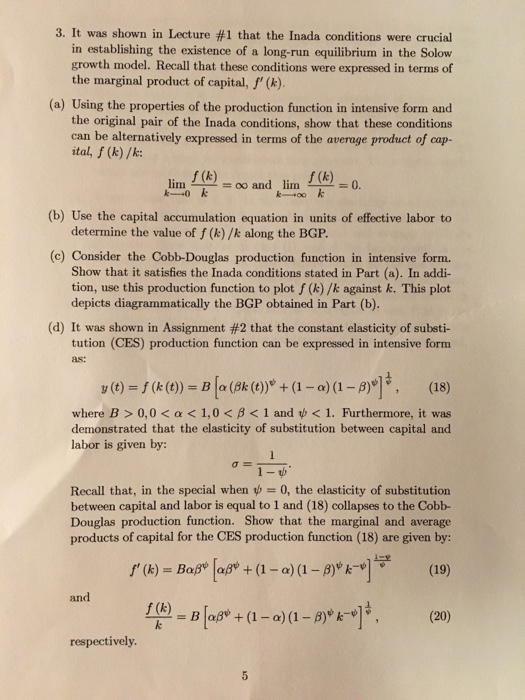3. It was shown in Lecture #1 that the Inada | Chegg.com