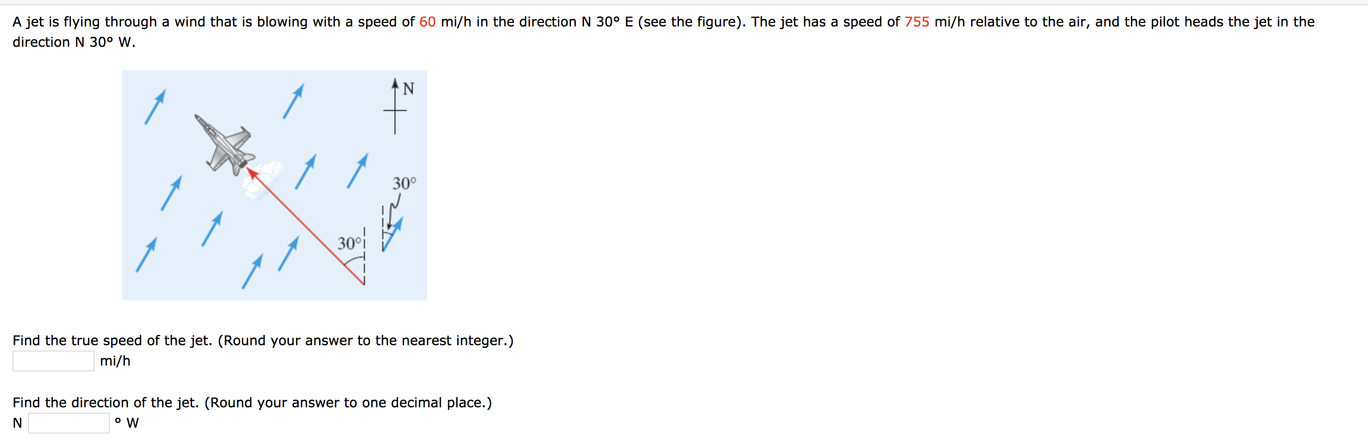 Solved A jet is flying through a wind that is blowing with a | Chegg.com