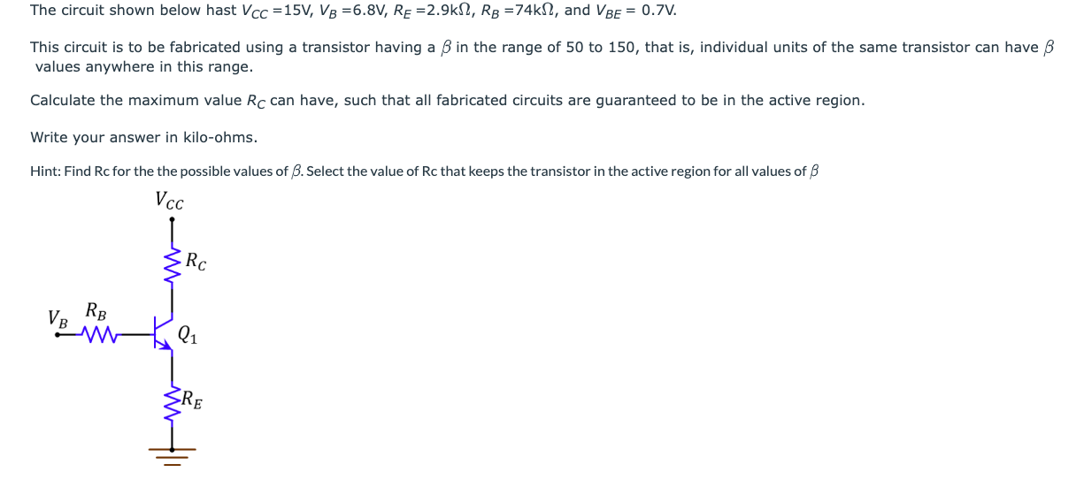 Solved The circuit shown below hast VCC=15 V,VB=6.8 | Chegg.com