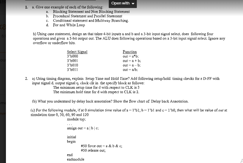 Solved 1. Open with a. Give one example of each of the | Chegg.com